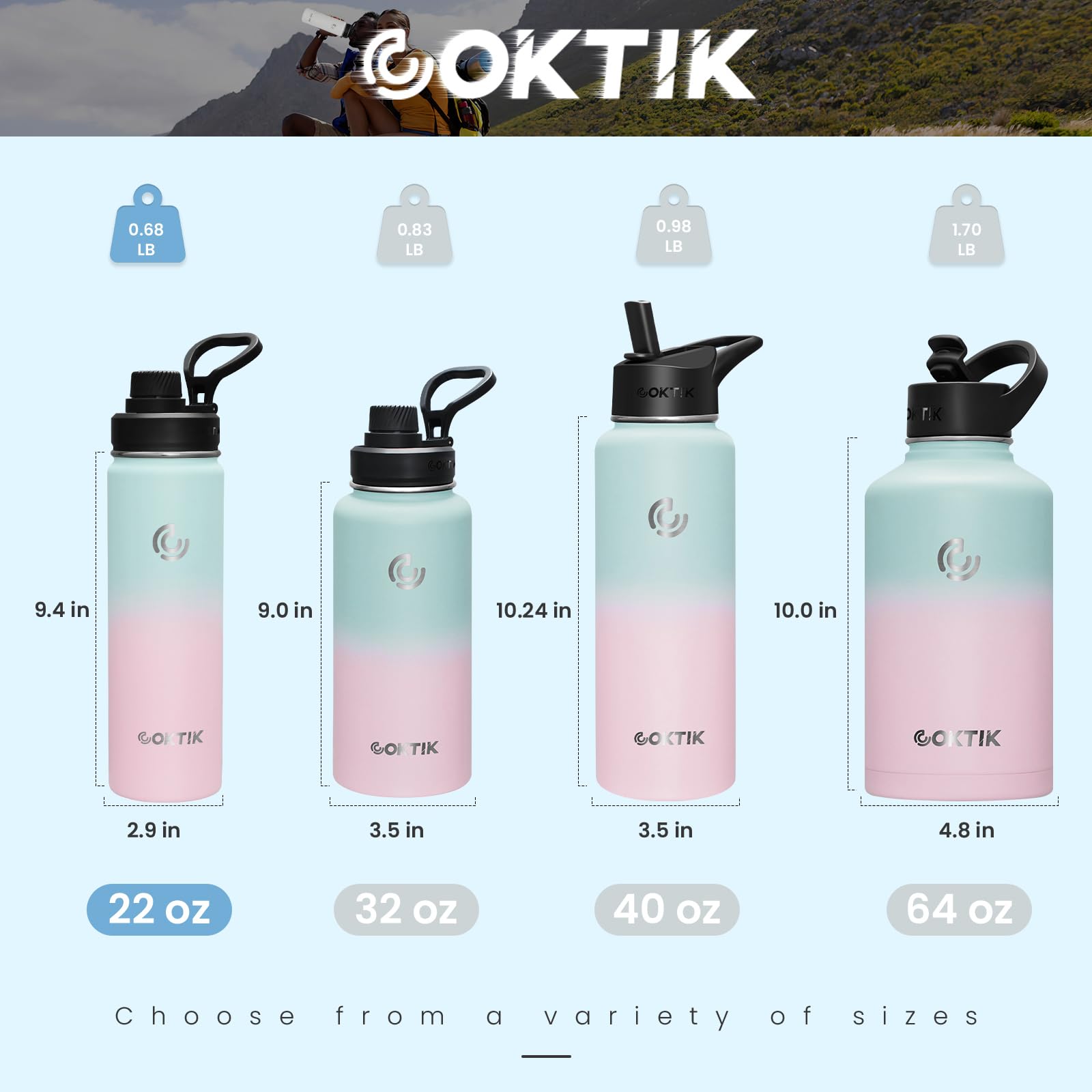 COKTIK Insulated Stainless Steel Water Bottle With Straw Lid, 22 oz Wide Mouth Double Wall Vacuum Insulated Water Bottle Leakproof Lightweight for Hiking, Biking, Running(Bubble Gum)