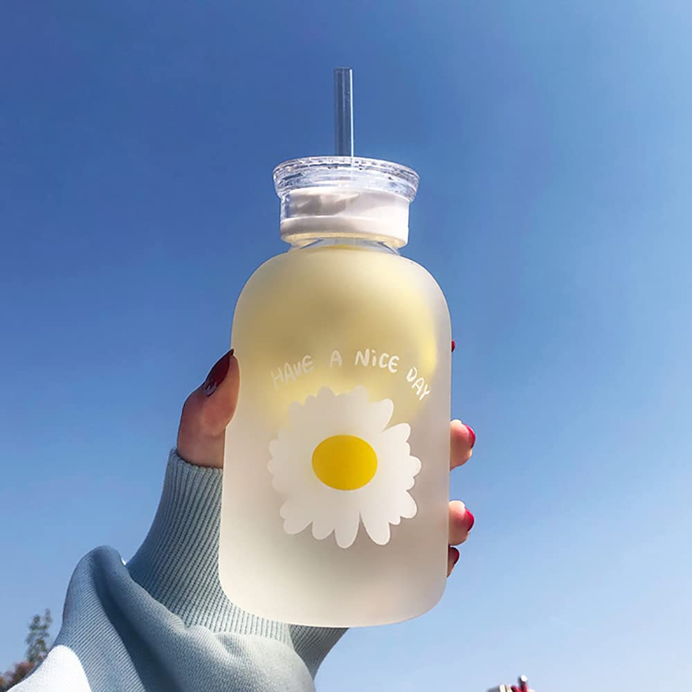 JZSMY 480ml Milk Juice Cute Water Bottle with Scale 2 Lids Little daisy Matte Portable Transparent Water Cup Glass Bottles Creative Handy Cup (Matte 1 flower)