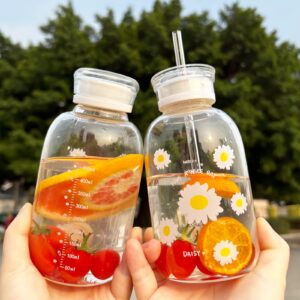 JZSMY 480ml Milk Juice Cute Water Bottle with Scale 2 Lids Little daisy Matte Portable Transparent Water Cup Glass Bottles Creative Handy Cup (Matte 1 flower)