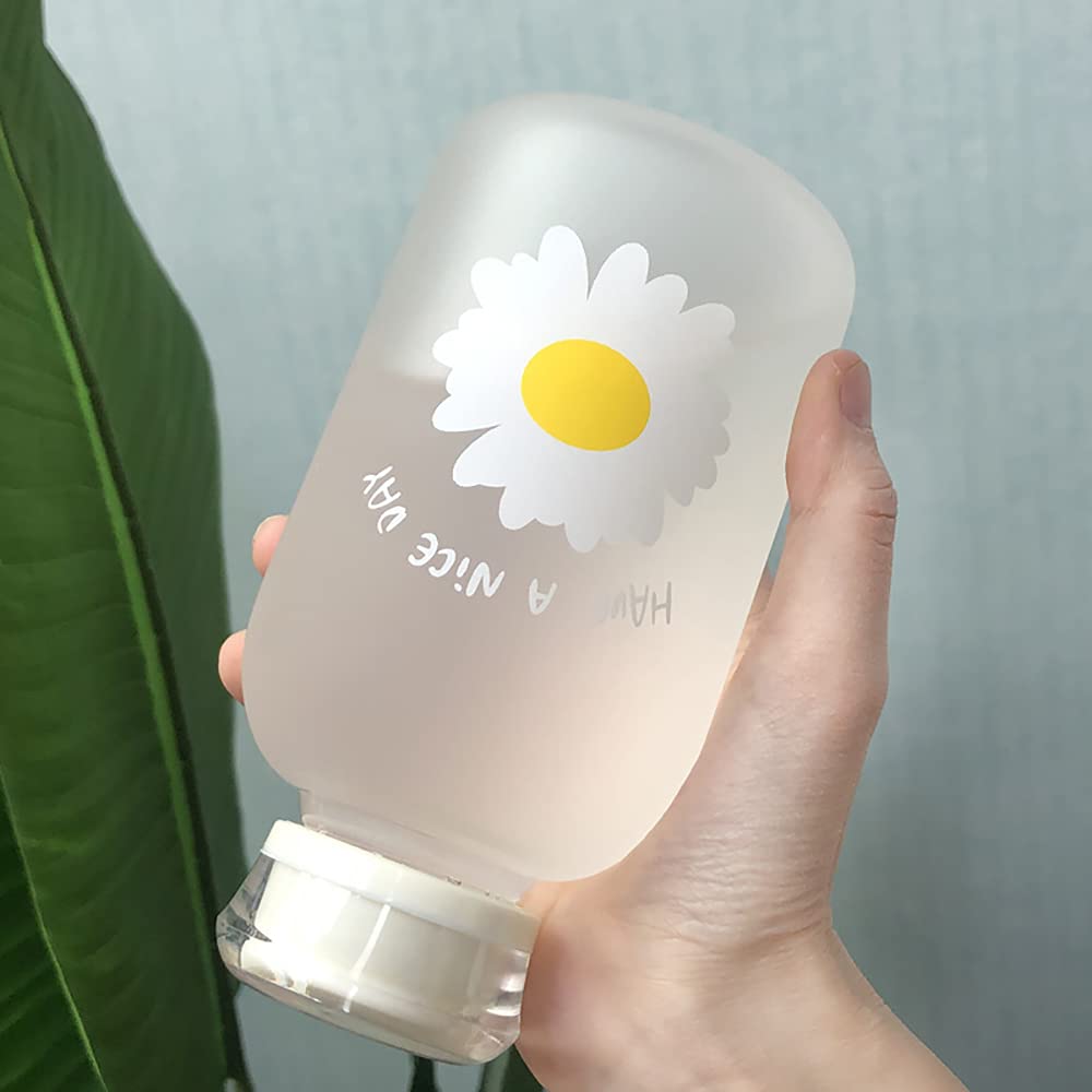 JZSMY 480ml Milk Juice Cute Water Bottle with Scale 2 Lids Little daisy Matte Portable Transparent Water Cup Glass Bottles Creative Handy Cup (Matte 1 flower)