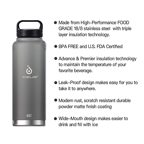 IDEUS Insulated Stainless Steel Water Bottle with 2 Leak-Proof Lids, Thermal Water Flask for Hiking Biking, 40oz, Gray