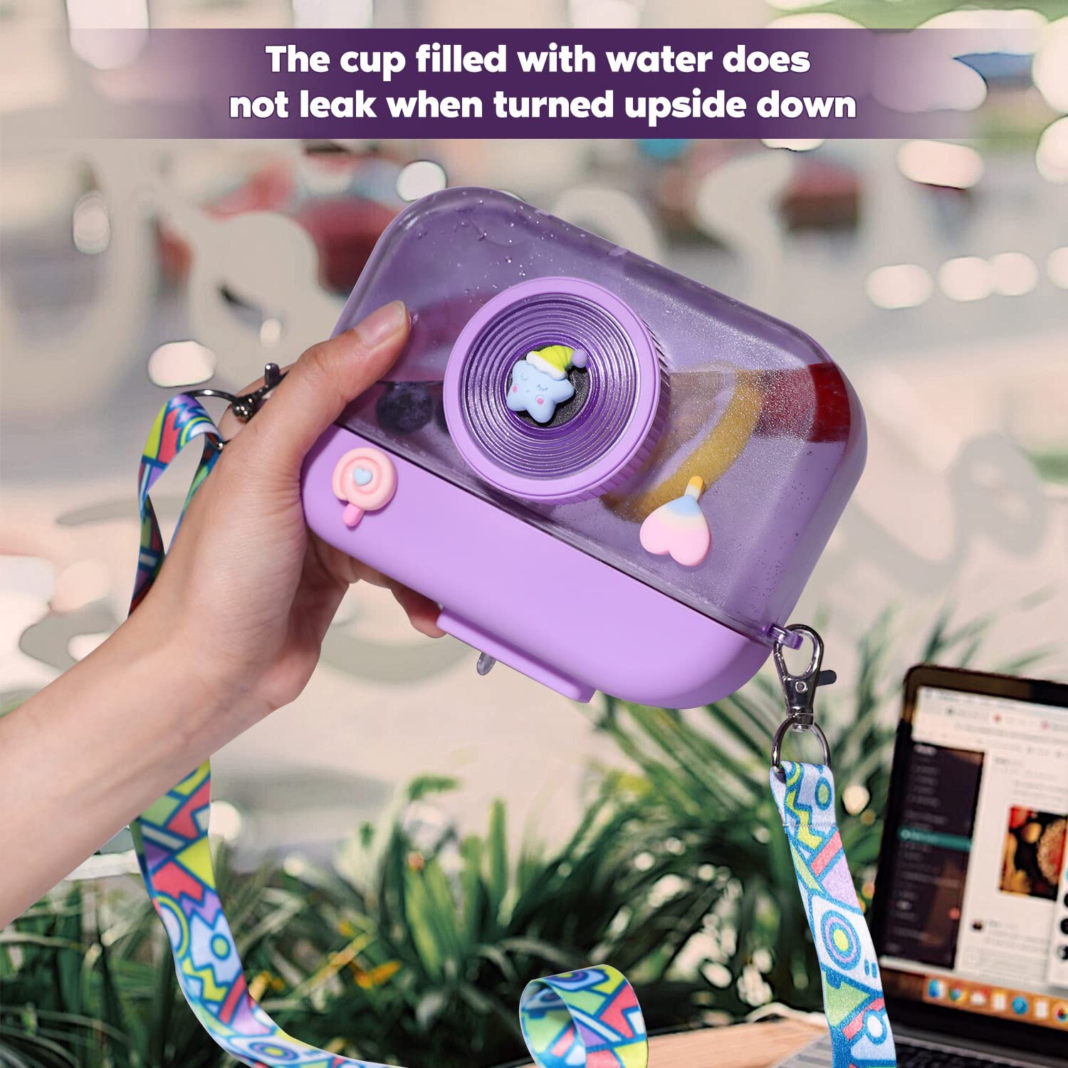 fufeisi Girls Kawaii Water Bottle with Straw,400ml Cute Water Bottle With Stickers, Kids Camera Shape Water Bottle for School with Adjustable Shoulder Strap for Juice(Purple)