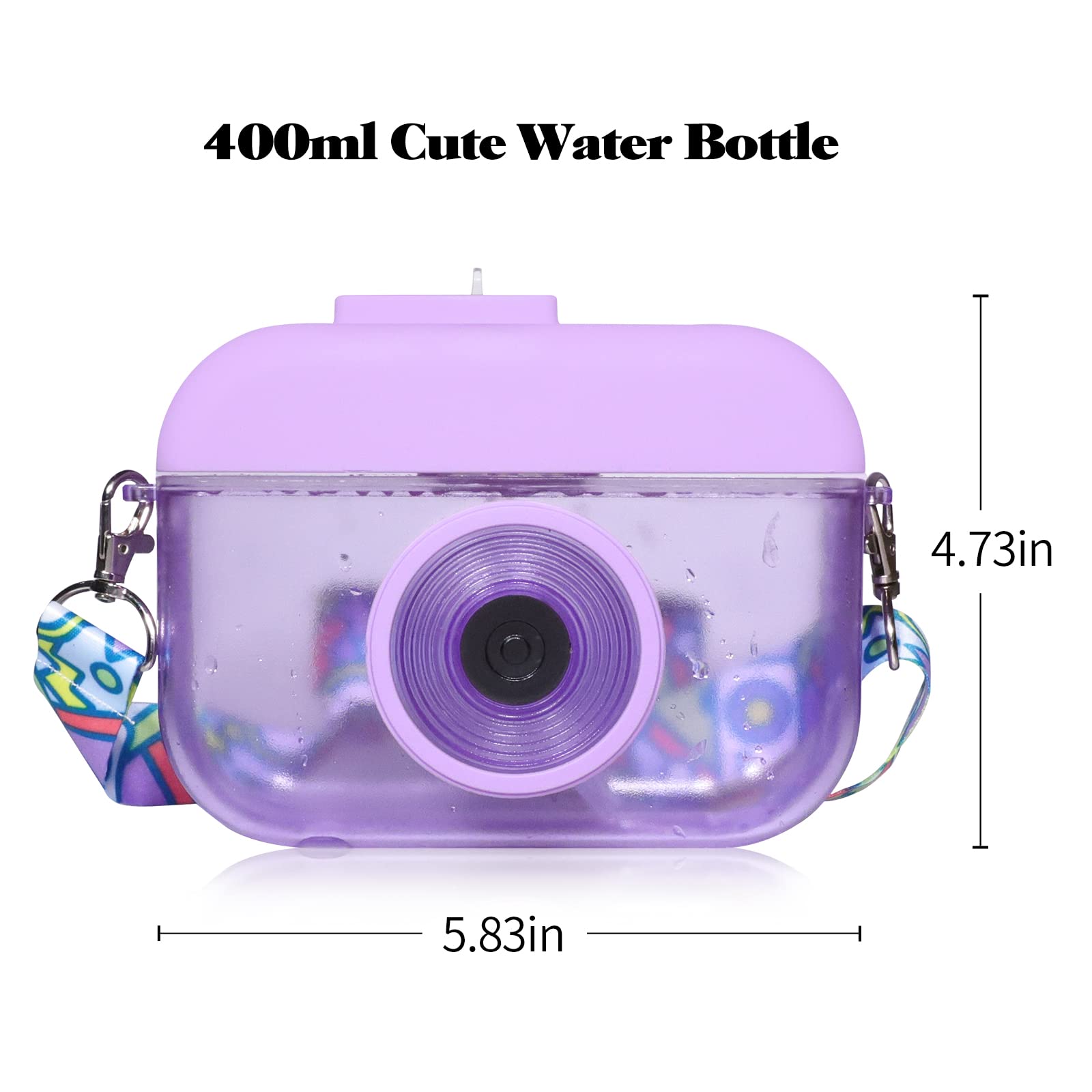 fufeisi Girls Kawaii Water Bottle with Straw,400ml Cute Water Bottle With Stickers, Kids Camera Shape Water Bottle for School with Adjustable Shoulder Strap for Juice(Purple)