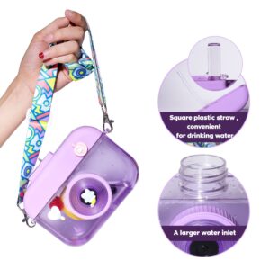 fufeisi Girls Kawaii Water Bottle with Straw,400ml Cute Water Bottle With Stickers, Kids Camera Shape Water Bottle for School with Adjustable Shoulder Strap for Juice(Purple)