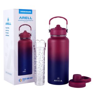 arell wide mouth sports water bottle - leakproof vacuum insulated for hot & cold beverages - double-wall metal canteen with sweatproof straw lid, chug cover, fruit infuser - 32oz wild violet