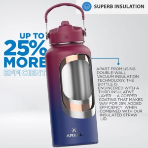 ARELL Wide Mouth Sports Water Bottle - Leakproof Vacuum Insulated for Hot & Cold Beverages - Double-Wall Metal Canteen with Sweatproof Straw Lid, Chug Cover, Fruit Infuser - 32oz Wild Violet