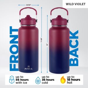 ARELL Wide Mouth Sports Water Bottle - Leakproof Vacuum Insulated for Hot & Cold Beverages - Double-Wall Metal Canteen with Sweatproof Straw Lid, Chug Cover, Fruit Infuser - 32oz Wild Violet