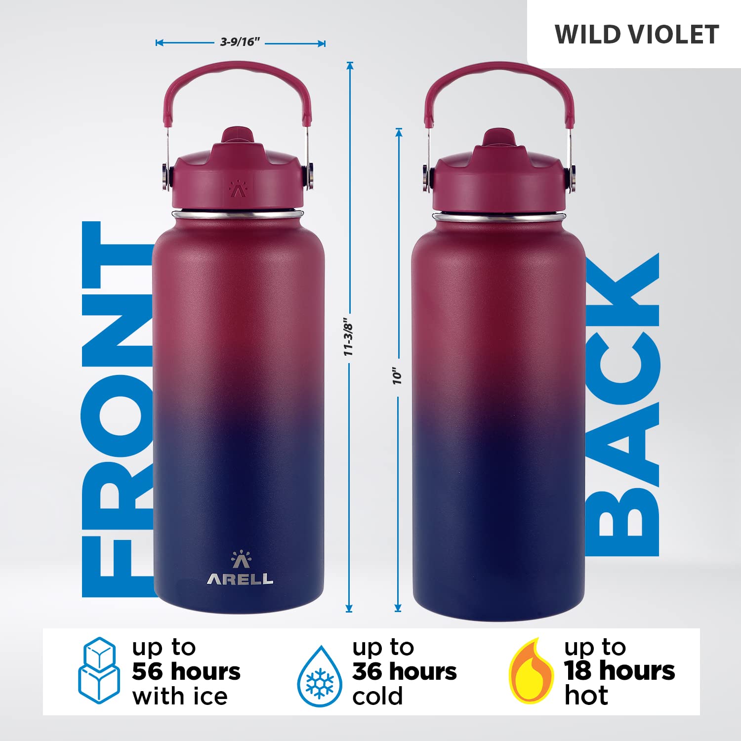 ARELL Wide Mouth Sports Water Bottle - Leakproof Vacuum Insulated for Hot & Cold Beverages - Double-Wall Metal Canteen with Sweatproof Straw Lid, Chug Cover, Fruit Infuser - 32oz Wild Violet