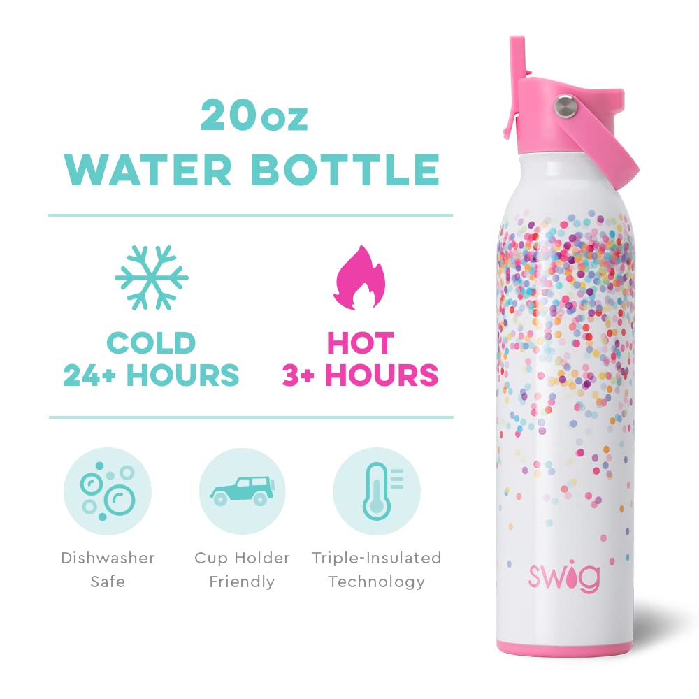 Swig Life 20oz Insulated Water Bottle with Straw & Flip + Sip Handle | Leak Proof, Dishwasher Safe, Cup Holder Friendly, Stainless Steel Water Bottle in Confetti