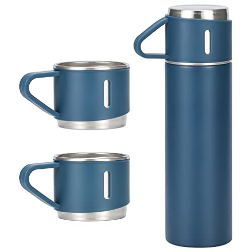 MUCR 500ml/17 OZ Stainless Steel Coffee Thermo Vacuum Flask Set, Insulated Water Bottle with Three Cup for Hot and Cold Drinks, Blue