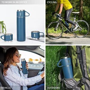 MUCR 500ml/17 OZ Stainless Steel Coffee Thermo Vacuum Flask Set, Insulated Water Bottle with Three Cup for Hot and Cold Drinks, Blue