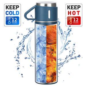 MUCR 500ml/17 OZ Stainless Steel Coffee Thermo Vacuum Flask Set, Insulated Water Bottle with Three Cup for Hot and Cold Drinks, Blue