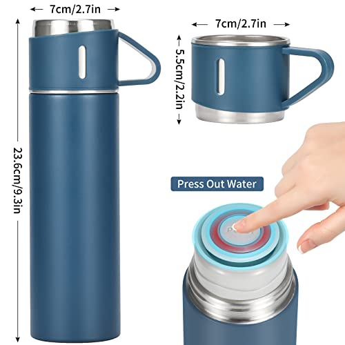 MUCR 500ml/17 OZ Stainless Steel Coffee Thermo Vacuum Flask Set, Insulated Water Bottle with Three Cup for Hot and Cold Drinks, Blue