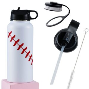 32 oz Baseball Sports Water Bottle Insulated 2 Lids Straw Travel Tumbler Durable Stainless Steel Vacuum Bottle (white)