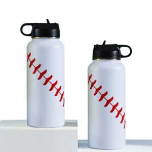 32 oz Baseball Sports Water Bottle Insulated 2 Lids Straw Travel Tumbler Durable Stainless Steel Vacuum Bottle (white)