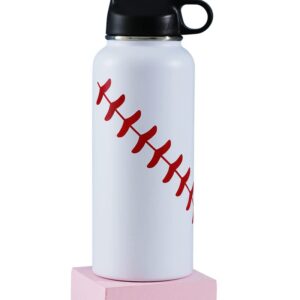 32 oz Baseball Sports Water Bottle Insulated 2 Lids Straw Travel Tumbler Durable Stainless Steel Vacuum Bottle (white)