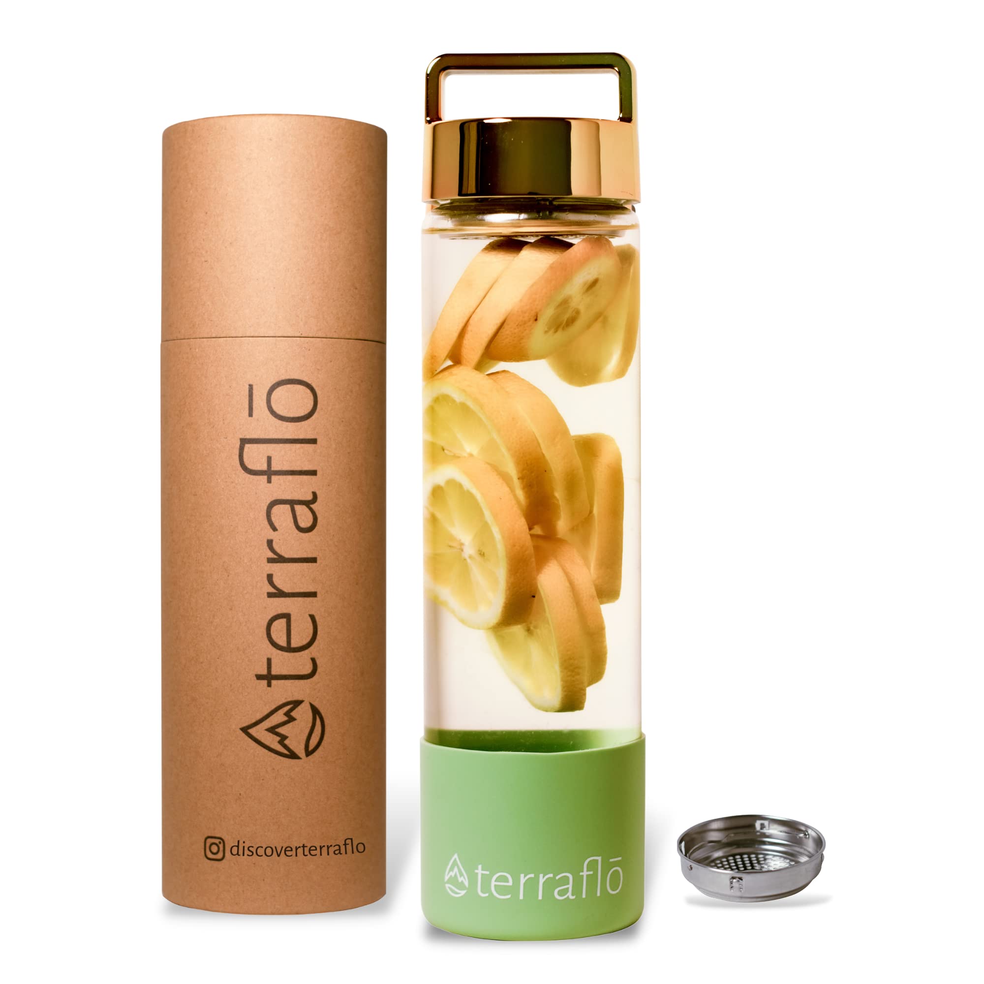 Terraflo Fruit Infuser Premium Glass Water Bottle 24 oz (700 mL) - Removable Anti-Slip Silicone Sleeve - Top Handle Lid - Stainless Steel Filter for Infusion - Infused Bottles for All (Gold & Green)