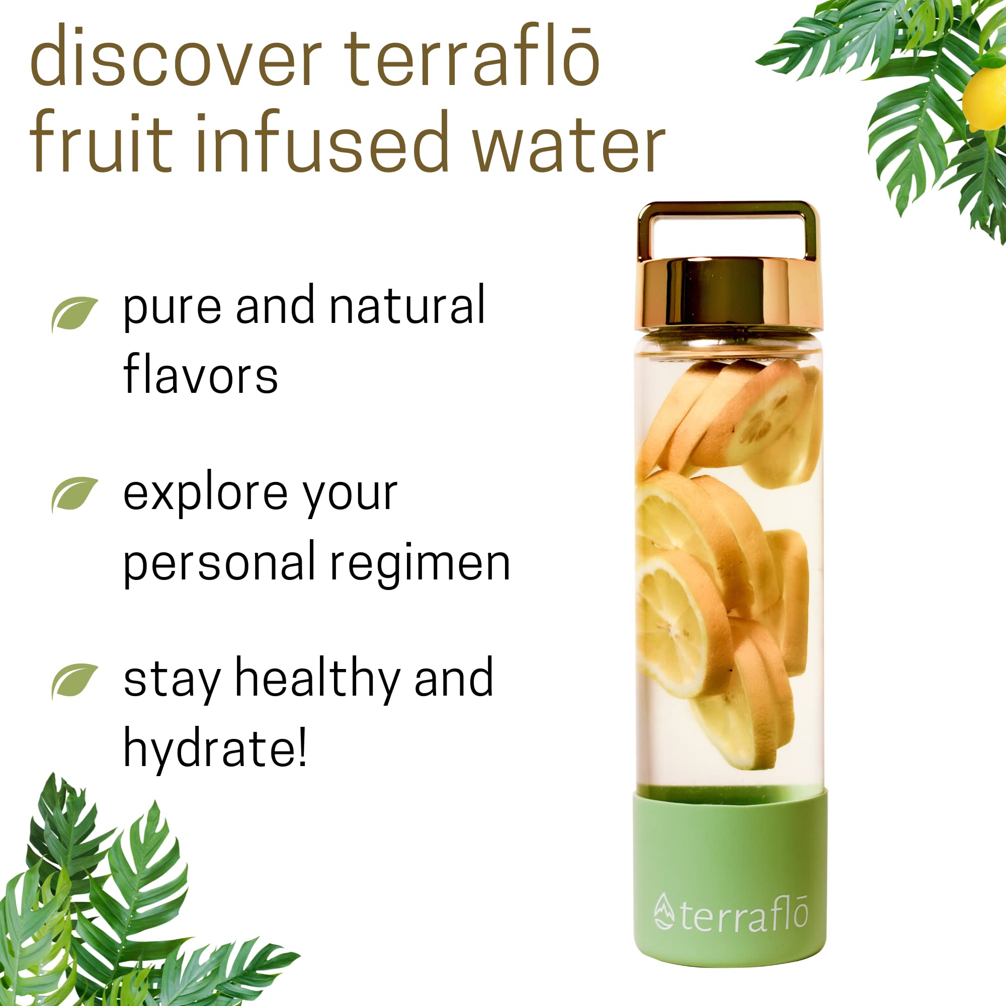 Terraflo Fruit Infuser Premium Glass Water Bottle 24 oz (700 mL) - Removable Anti-Slip Silicone Sleeve - Top Handle Lid - Stainless Steel Filter for Infusion - Infused Bottles for All (Gold & Green)