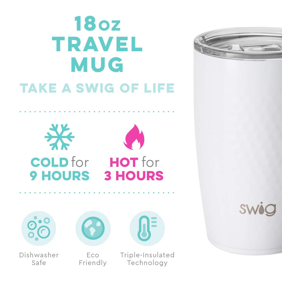 Swig 18oz Travel Mug, Insulated Tumbler with Handle and Lid, Cup Holder Friendly, Dishwasher Safe, Stainless Steel Insulated Coffee Mug with Lid and Handle (Golf)