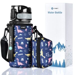 utebit 16oz kids water bottle, bpa free insulated water bottle with straw, plastic sport water jug, 500ml leakproof dinosaur kids cup with sleeve, strap, pouch for school boys girls