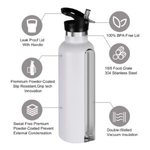 Neihepal White Stainless Steel Water Bottles,24 Ounce Vacuum Insulated Double Wall Travel Bottle with Leak-Proof Straw Lid of Handle,Metal Reusable Standard Mouth Flask Thermoses for Hikers,Gift