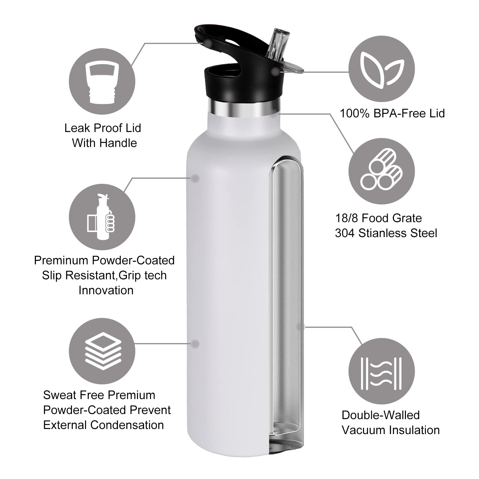 Neihepal White Stainless Steel Water Bottles,24 Ounce Vacuum Insulated Double Wall Travel Bottle with Leak-Proof Straw Lid of Handle,Metal Reusable Standard Mouth Flask Thermoses for Hikers,Gift