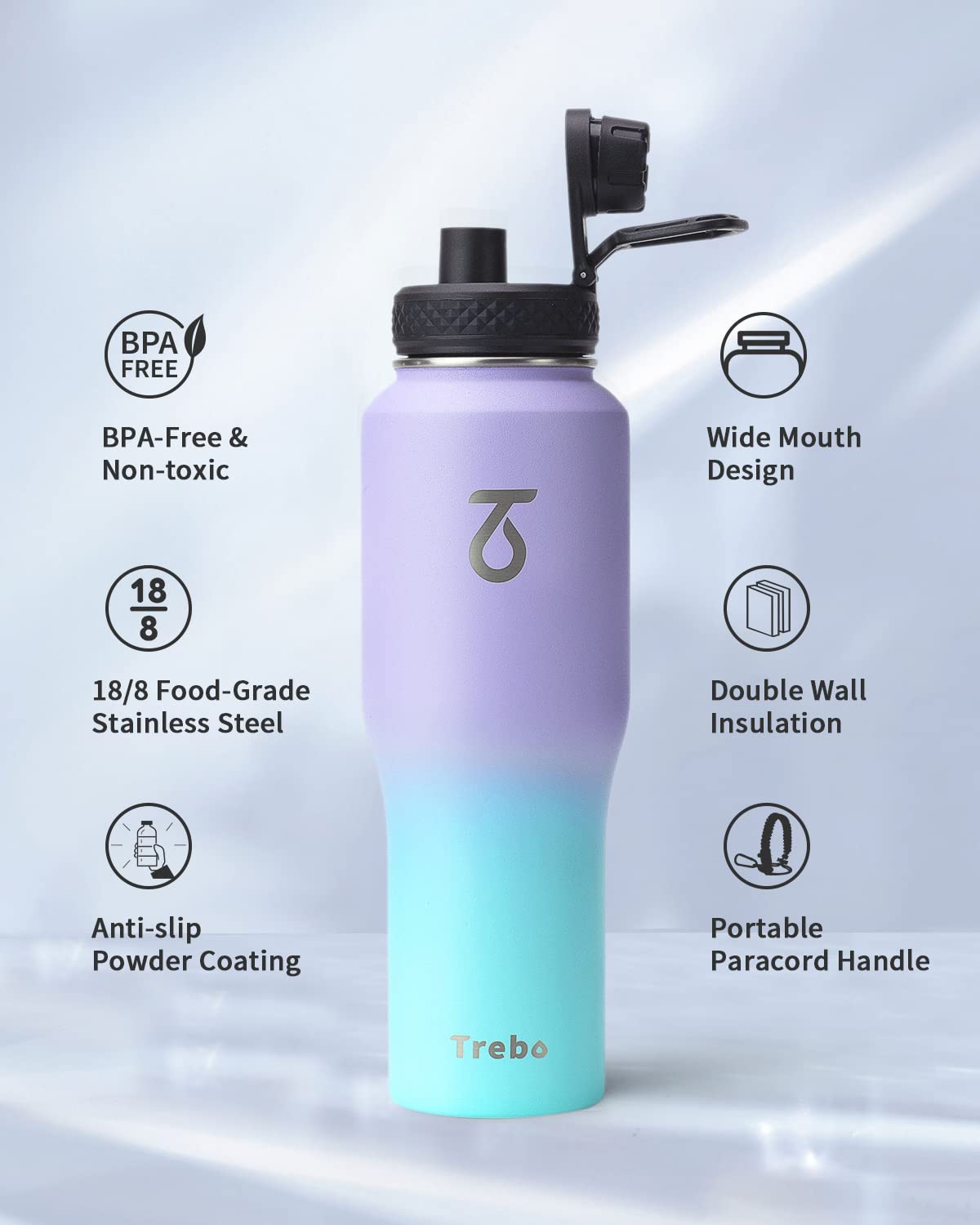 Trebo 32oz Insulated Water Bottle that Fits in Cup Holder, Stainless Steel Double Wall Tumbler Bottles with Paracord Handle, Flask with Straw Spout Lids, Keep Cold for 48 Hrs/Hot 24 Hrs,Cotton Candy