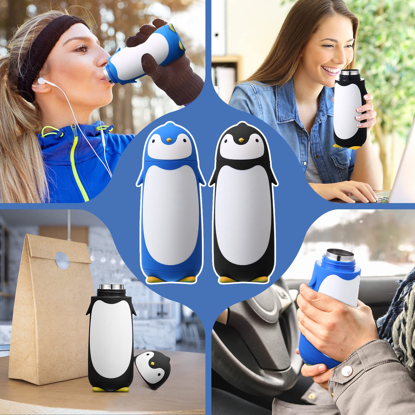 Penguin Water Bottle 2 Pieces 9.5 oz Stainless Steel Penguin Cartoon Water Bottle Funny Travel Mug Insulated Vacuum Water Bottle Travel Coffee Mug for Coffee Tea Beverages Travel, Black and Blue