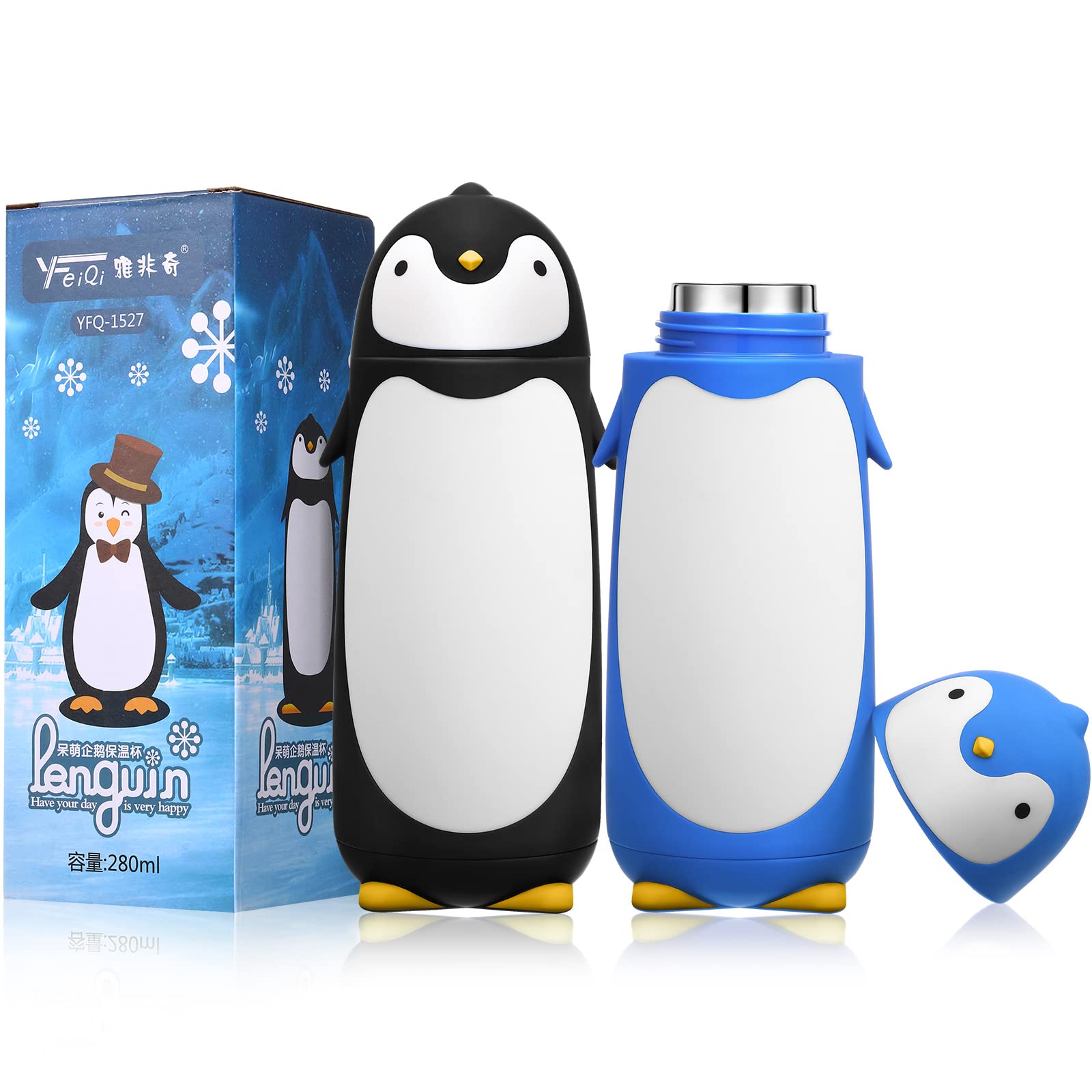 Penguin Water Bottle 2 Pieces 9.5 oz Stainless Steel Penguin Cartoon Water Bottle Funny Travel Mug Insulated Vacuum Water Bottle Travel Coffee Mug for Coffee Tea Beverages Travel, Black and Blue