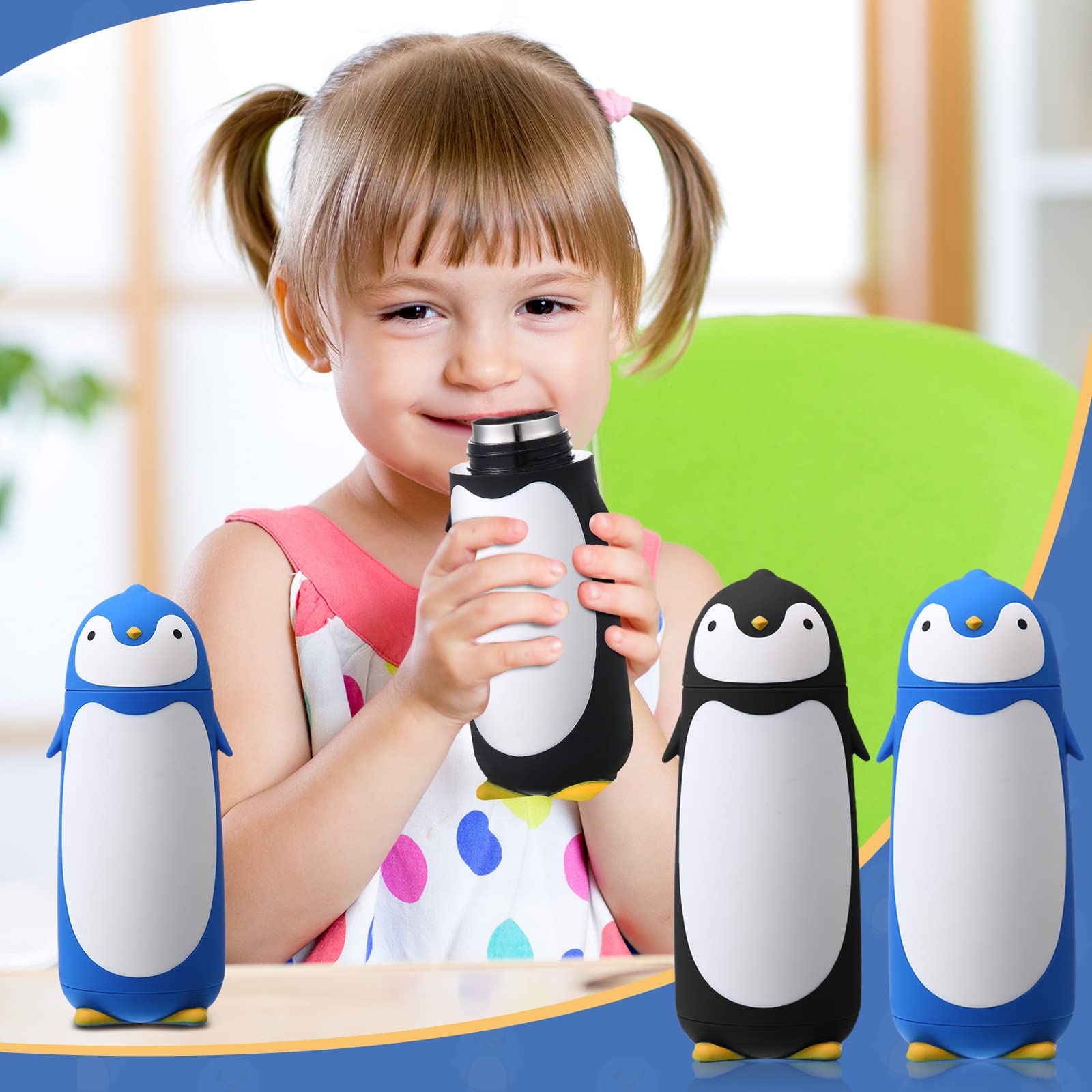 Penguin Water Bottle 2 Pieces 9.5 oz Stainless Steel Penguin Cartoon Water Bottle Funny Travel Mug Insulated Vacuum Water Bottle Travel Coffee Mug for Coffee Tea Beverages Travel, Black and Blue