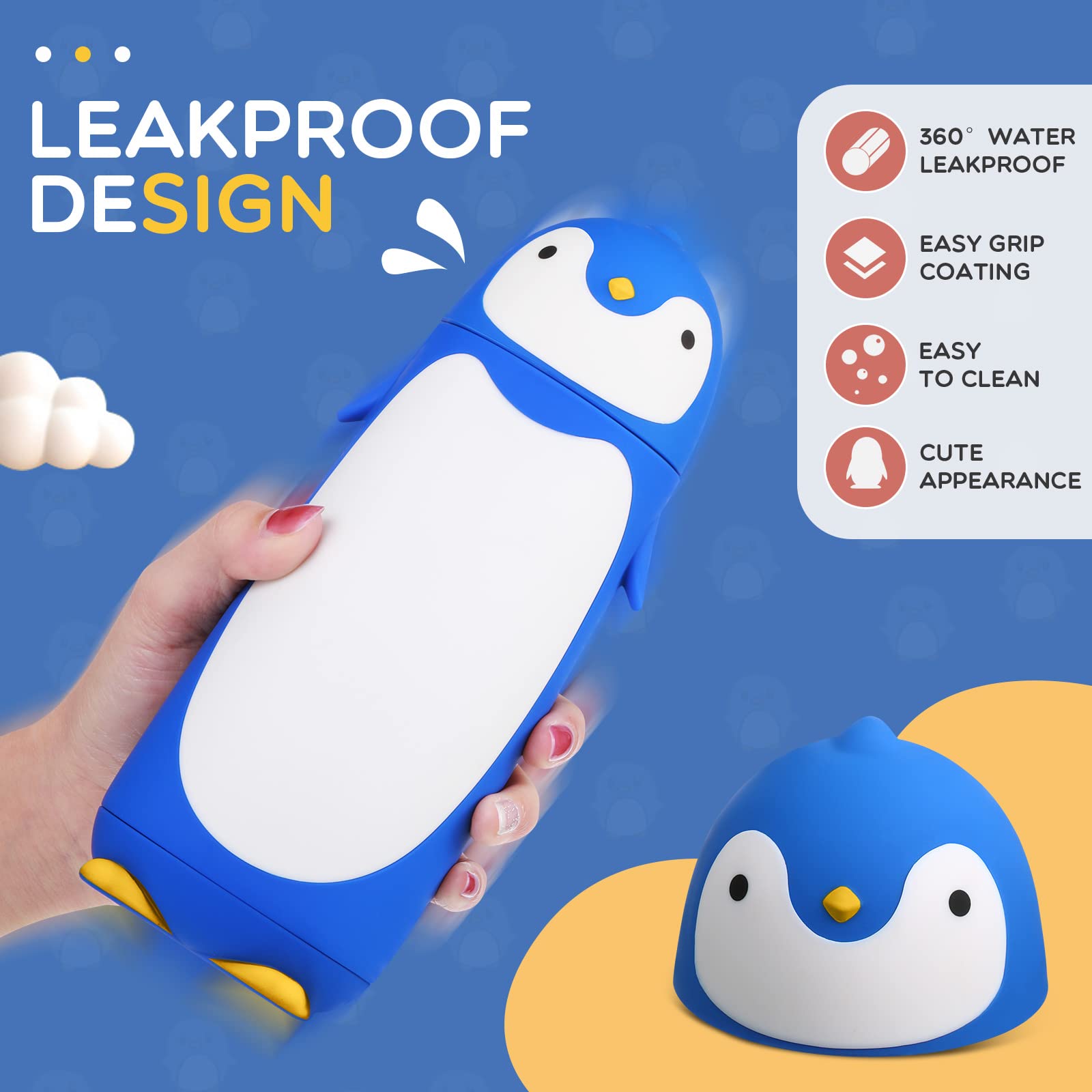 Penguin Water Bottle 2 Pieces 9.5 oz Stainless Steel Penguin Cartoon Water Bottle Funny Travel Mug Insulated Vacuum Water Bottle Travel Coffee Mug for Coffee Tea Beverages Travel, Black and Blue