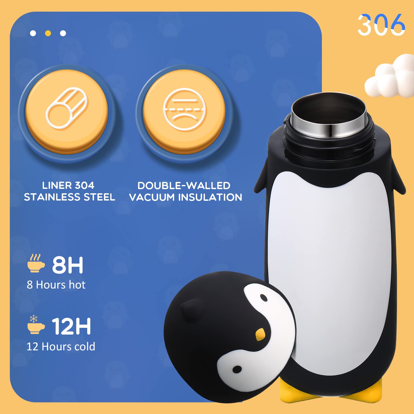 Penguin Water Bottle 2 Pieces 9.5 oz Stainless Steel Penguin Cartoon Water Bottle Funny Travel Mug Insulated Vacuum Water Bottle Travel Coffee Mug for Coffee Tea Beverages Travel, Black and Blue