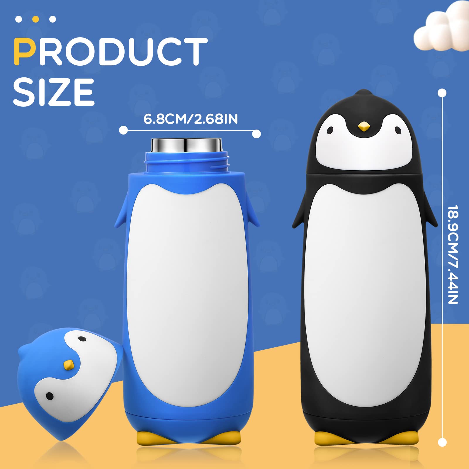 Penguin Water Bottle 2 Pieces 9.5 oz Stainless Steel Penguin Cartoon Water Bottle Funny Travel Mug Insulated Vacuum Water Bottle Travel Coffee Mug for Coffee Tea Beverages Travel, Black and Blue