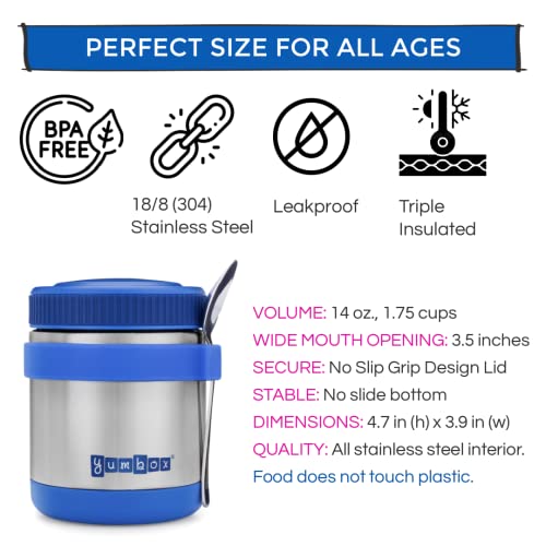 Yumbox Zuppa 14 oz Triple Insulated Stainless Steel Food Jar, Leakproof kids thermos Food Jar, Removable Utensil Band and spoon, Easy Grip, Stays Hot 6 Hours or Cold for 12 Hours, (Neptune Blue)