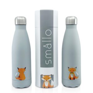 smållo | water bottle with cute fox design | stainless steel | double wall insulated | grey | 17oz