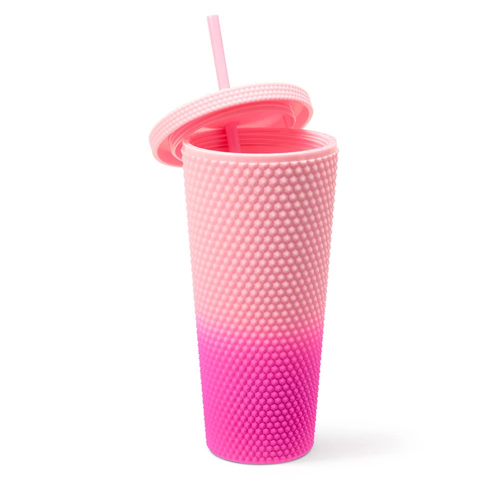 WEST & FIFTH 24 Ounce Two-Tone Matte Studded Tumbler with Lid & Straw, Reusable BPA Free Textured Water Bottle Drinking Cup (Blush & Fuchsia)