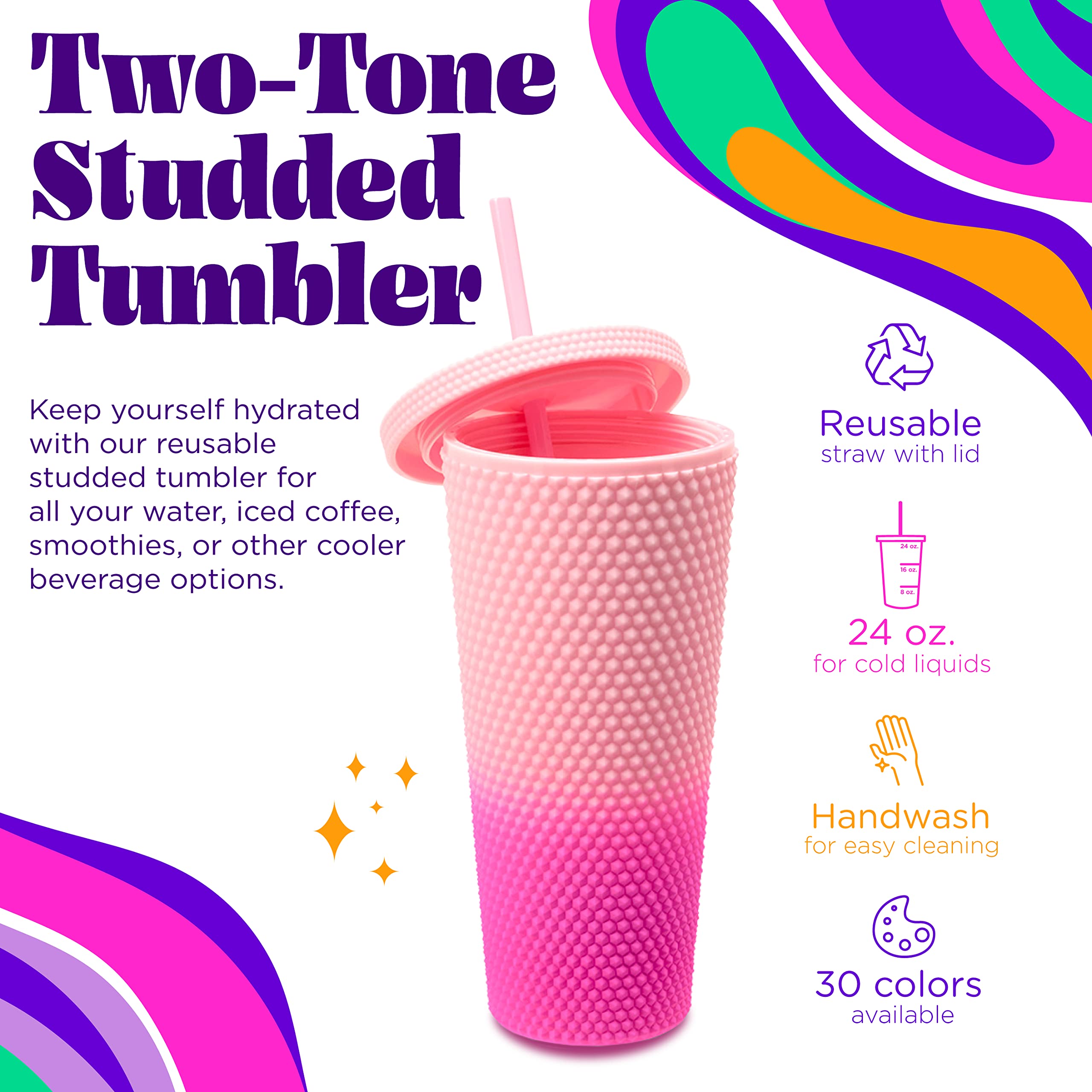 WEST & FIFTH 24 Ounce Two-Tone Matte Studded Tumbler with Lid & Straw, Reusable BPA Free Textured Water Bottle Drinking Cup (Blush & Fuchsia)