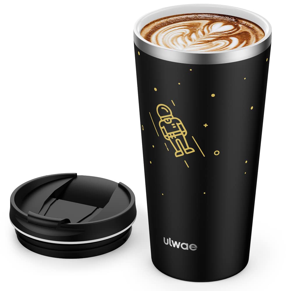 ulwae Insulated Coffee Mug with Ceramic Coating, 18oz Travel Mug with Leak-proof Lid, Vacuum Double-wall Tumbler, Stainless Steel Thermal Cup for Tea, Hot Cocoa, Cold Beverage, Ice Drinks