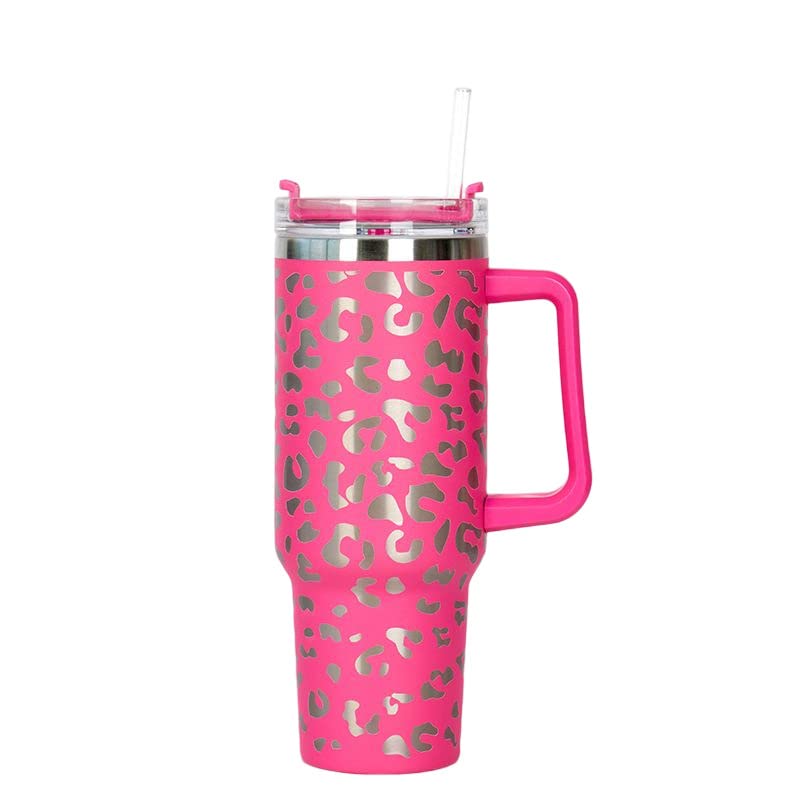 40 oz Tumbler with Handle and Straw with lid Leopard Stainless Steel Thermos Mug Coffee Cup Outdoor Sports Travel Sippy Mug Gift 1st (rose red)