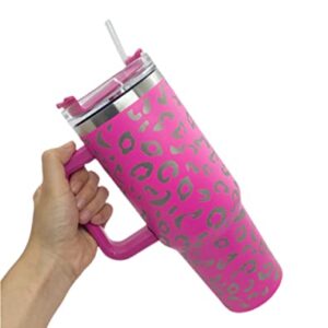 40 oz Tumbler with Handle and Straw with lid Leopard Stainless Steel Thermos Mug Coffee Cup Outdoor Sports Travel Sippy Mug Gift 1st (rose red)