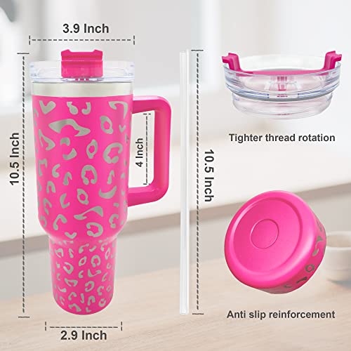 40 oz Tumbler with Handle and Straw with lid Leopard Stainless Steel Thermos Mug Coffee Cup Outdoor Sports Travel Sippy Mug Gift 1st (rose red)