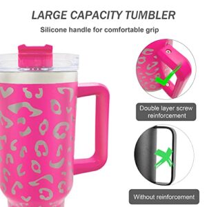 40 oz Tumbler with Handle and Straw with lid Leopard Stainless Steel Thermos Mug Coffee Cup Outdoor Sports Travel Sippy Mug Gift 1st (rose red)