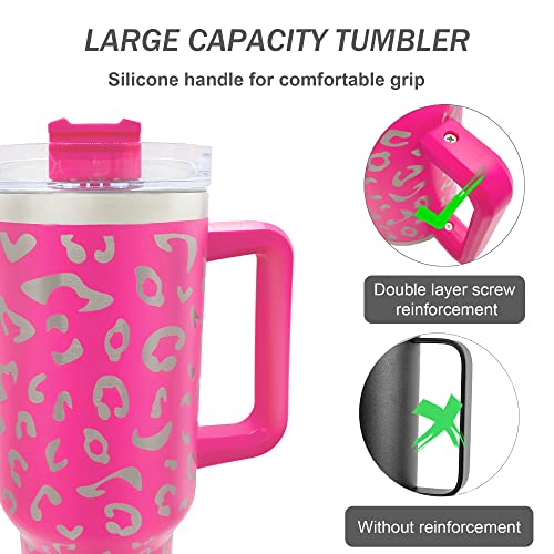 40 oz Tumbler with Handle and Straw with lid Leopard Stainless Steel Thermos Mug Coffee Cup Outdoor Sports Travel Sippy Mug Gift 1st (rose red)