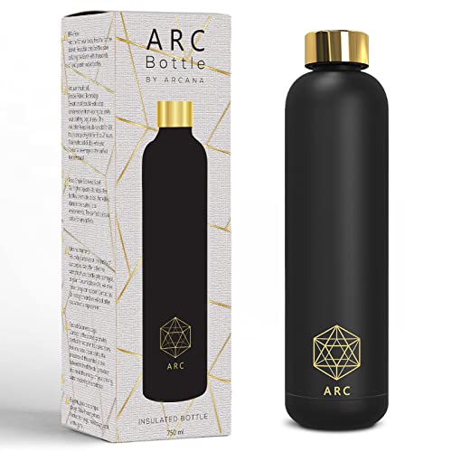 Insulated Stainless Steel Water Bottles, Arc Bottle. Double Walled Vacuum sealed for sports and outdoors. Cold for 24 hrs Hot for 18 Hrs (750ml, black)