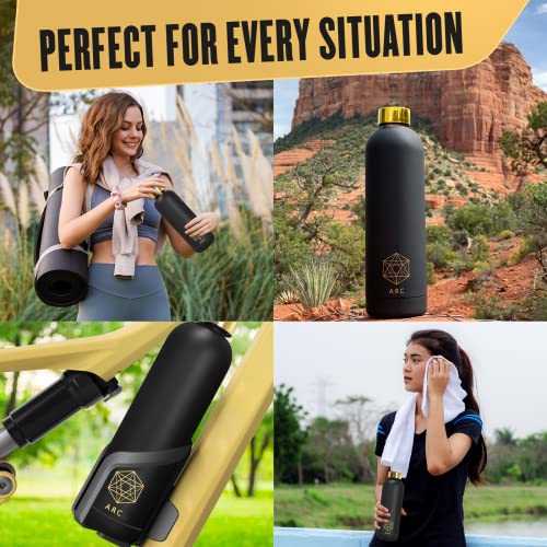 Insulated Stainless Steel Water Bottles, Arc Bottle. Double Walled Vacuum sealed for sports and outdoors. Cold for 24 hrs Hot for 18 Hrs (750ml, black)