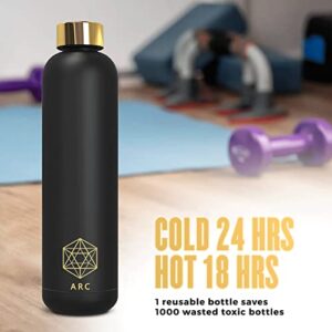 Insulated Stainless Steel Water Bottles, Arc Bottle. Double Walled Vacuum sealed for sports and outdoors. Cold for 24 hrs Hot for 18 Hrs (750ml, black)