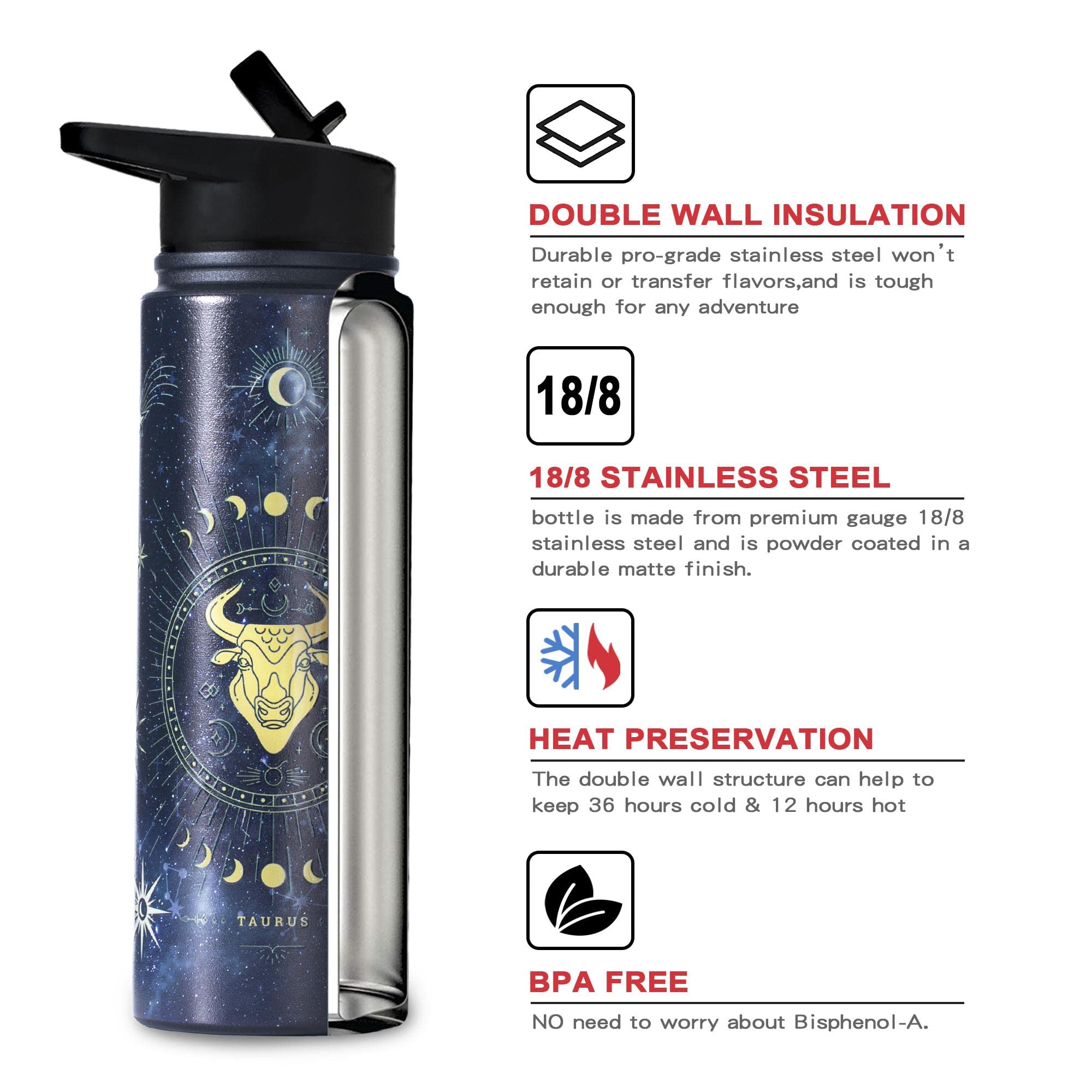 jodyla 24 oz ZodiacWater Bottles With Lids and Straw Double Wall Vacuum Insulated Mug Stainless Steel Cup Fit Travel Outdoor Water Bottles Birthday Gift for Women (24OZ,Taurus)