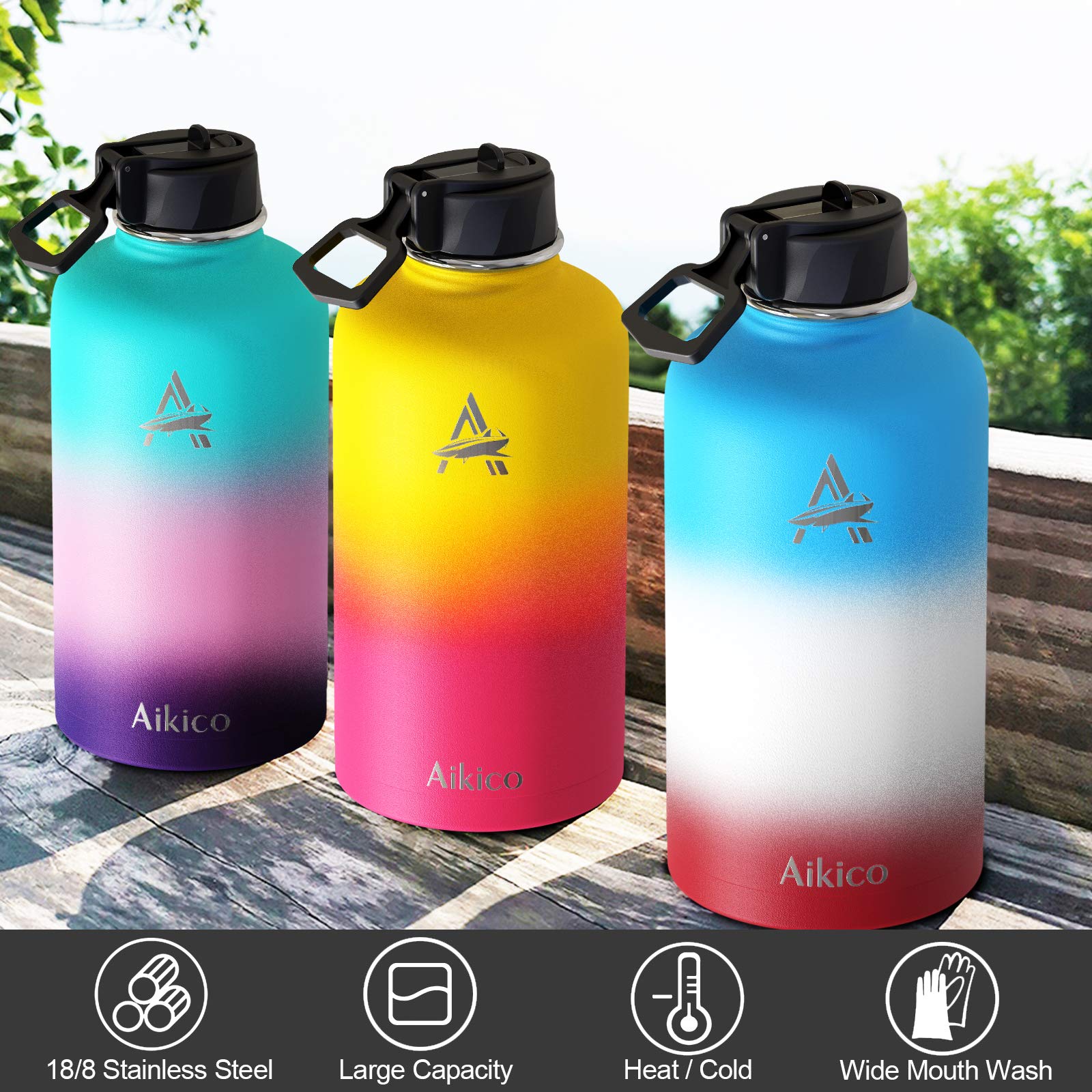 64oz Sports Water Bottle, Aikico Stainless Steel Water Bottle with Straw Lid, Double Vacuum Insulated Thermos Mug, Reusable Wide Mouth Flask Thermos for Hot and Cold Drinks(Sorbet)