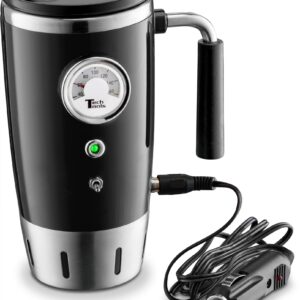 Tech Tools Heated Car Travel Mug - Keeps Your Bevrege Hot - Retro Style - Stainless Steel 12 Volts (Black)