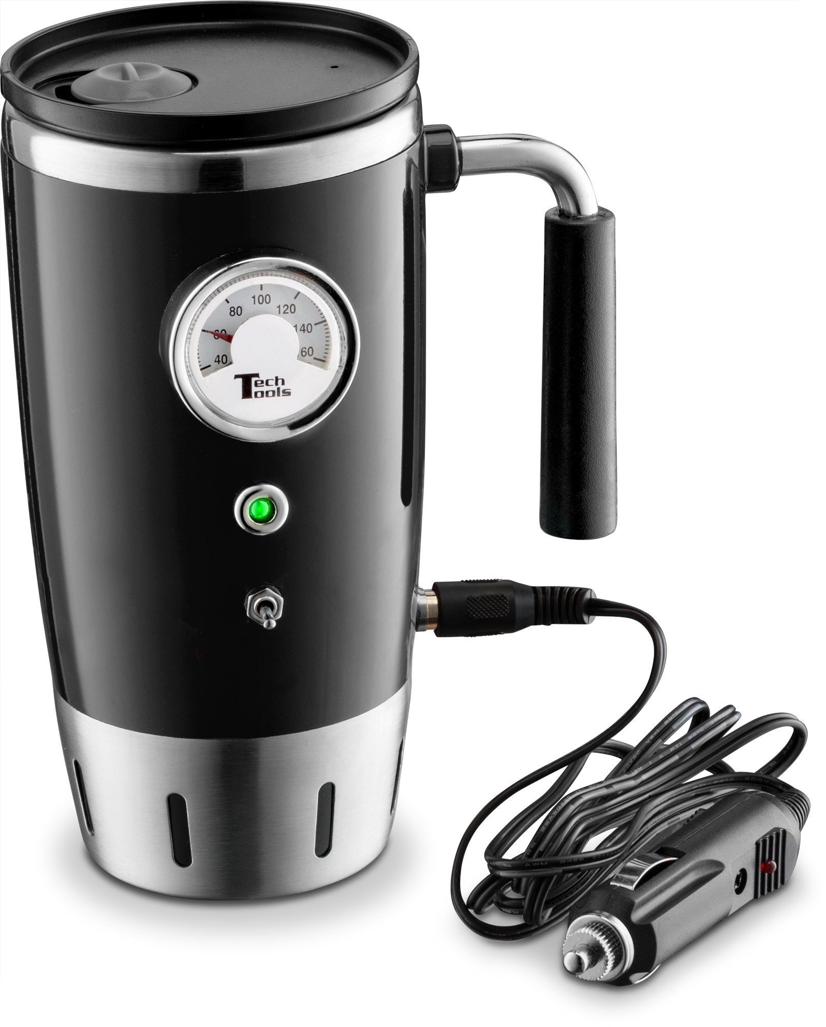 Tech Tools Heated Car Travel Mug - Keeps Your Bevrege Hot - Retro Style - Stainless Steel 12 Volts (Black)